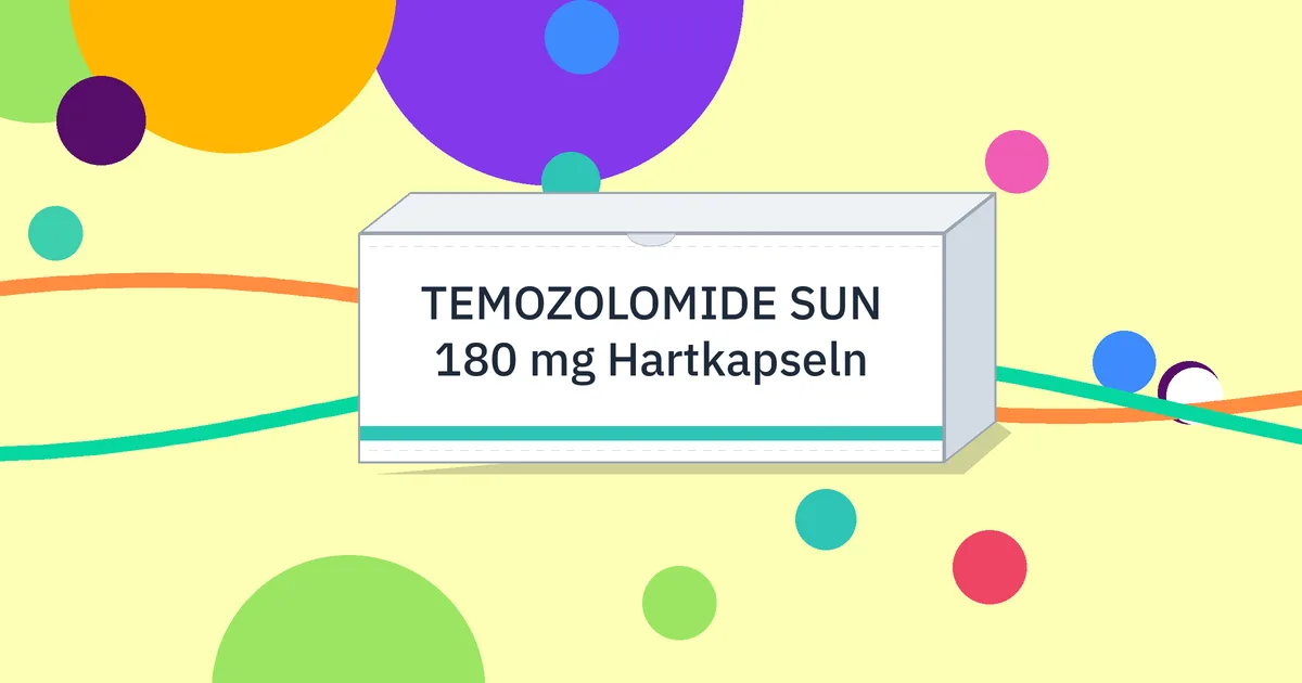 Symbolbild: Packung mit der Aufschrift TEMOZOLOMIDE SUN 180 mg Hartkapseln (PZN 19705192) – Verfügbarkeit und Bezug in Apotheken in Frankfurt am Main
