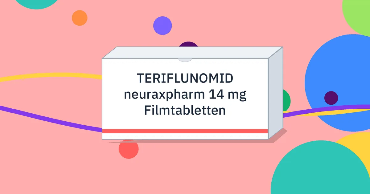 Symbolbild: Packung mit der Aufschrift TERIFLUNOMID neuraxpharm 14 mg Filmtabletten (PZN 06707338) – Verfügbarkeit und Bezug in Apotheken in Frankfurt am Main