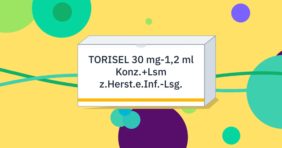 Symbolbild: Packung mit der Aufschrift TORISEL 30 mg-1,2 ml Konz.+Lsm z.Herst.e.Inf.-Lsg. (PZN 02652474) – Verfügbarkeit und Bezug in Apotheken in Frankfurt am Main