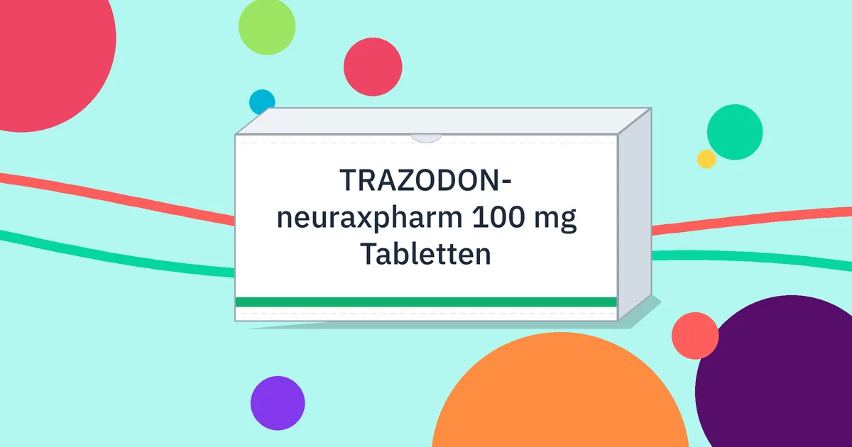 Symbolbild: Packung mit der Aufschrift TRAZODON-neuraxpharm 100 mg Tabletten (PZN 02136436) – Verfügbarkeit und Bezug in Apotheken in Frankfurt am Main