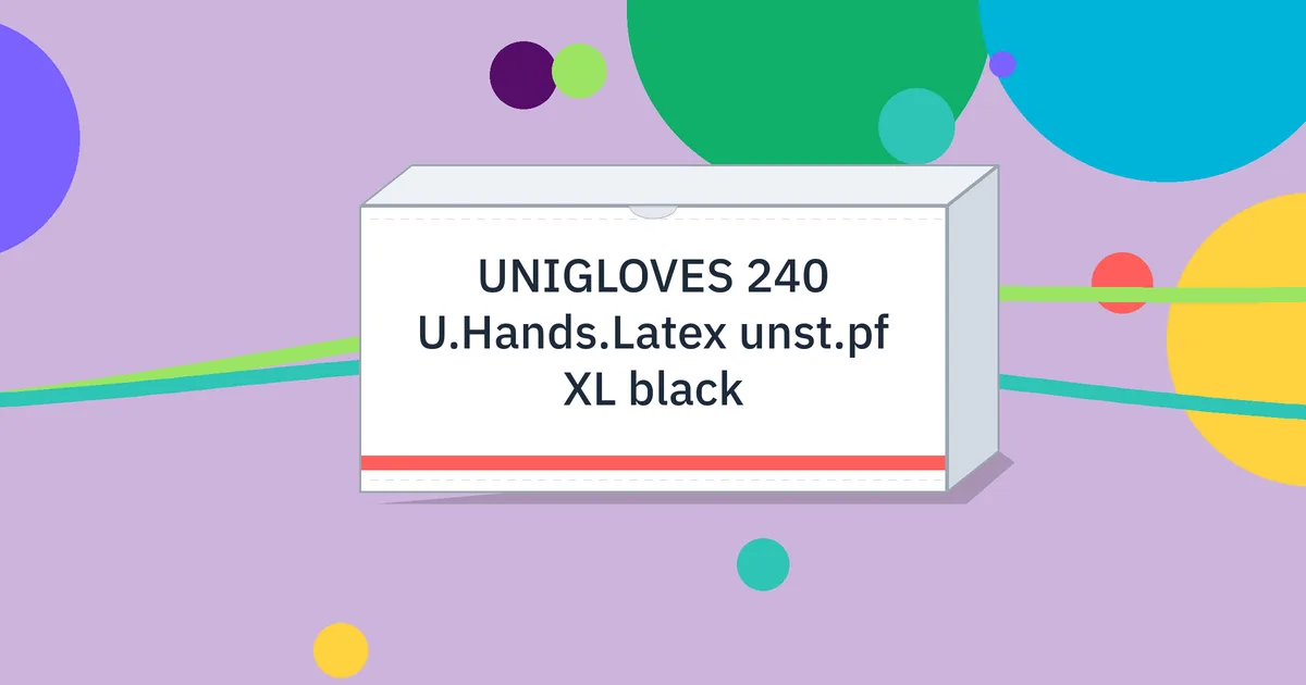 Symbolbild: Packung mit der Aufschrift UNIGLOVES 240 U.Hands.Latex unst.pf XL black (PZN 18101428) – Verfügbarkeit und Bezug in Apotheken in Frankfurt am Main