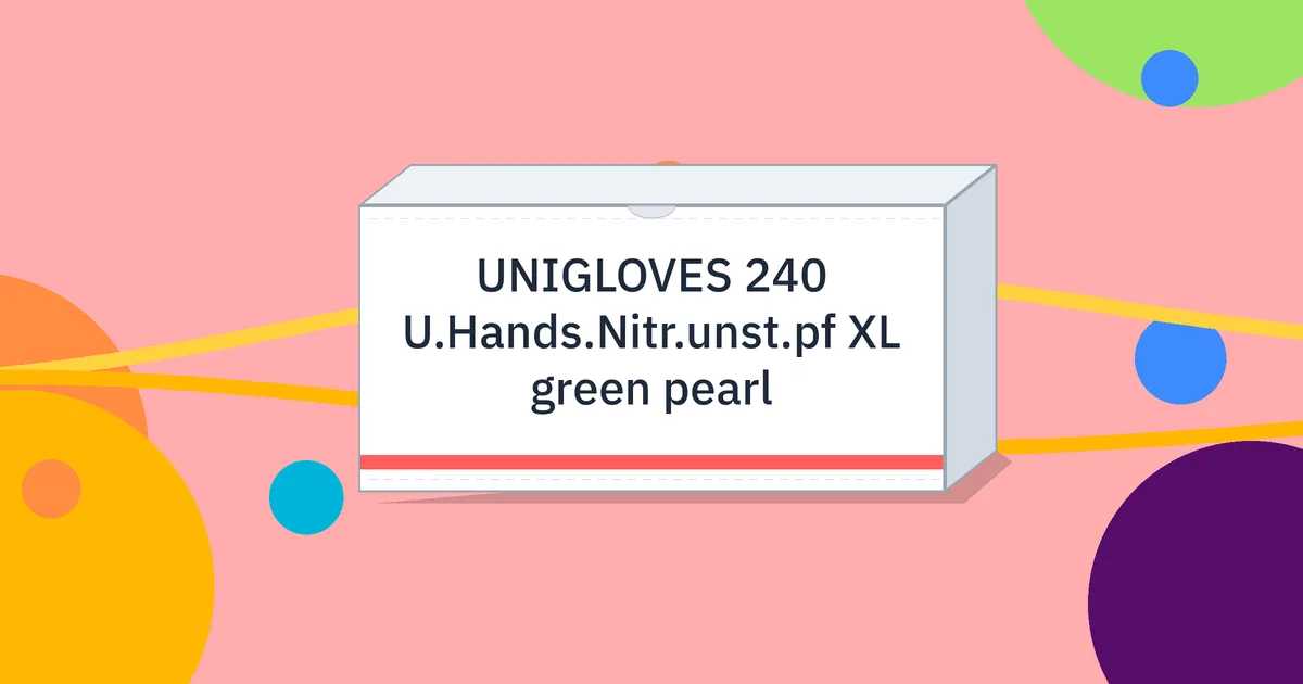 Symbolbild: Packung mit der Aufschrift UNIGLOVES 240 U.Hands.Nitr.unst.pf XL green pearl (PZN 18101486) – Verfügbarkeit und Bezug in Apotheken in Frankfurt am Main