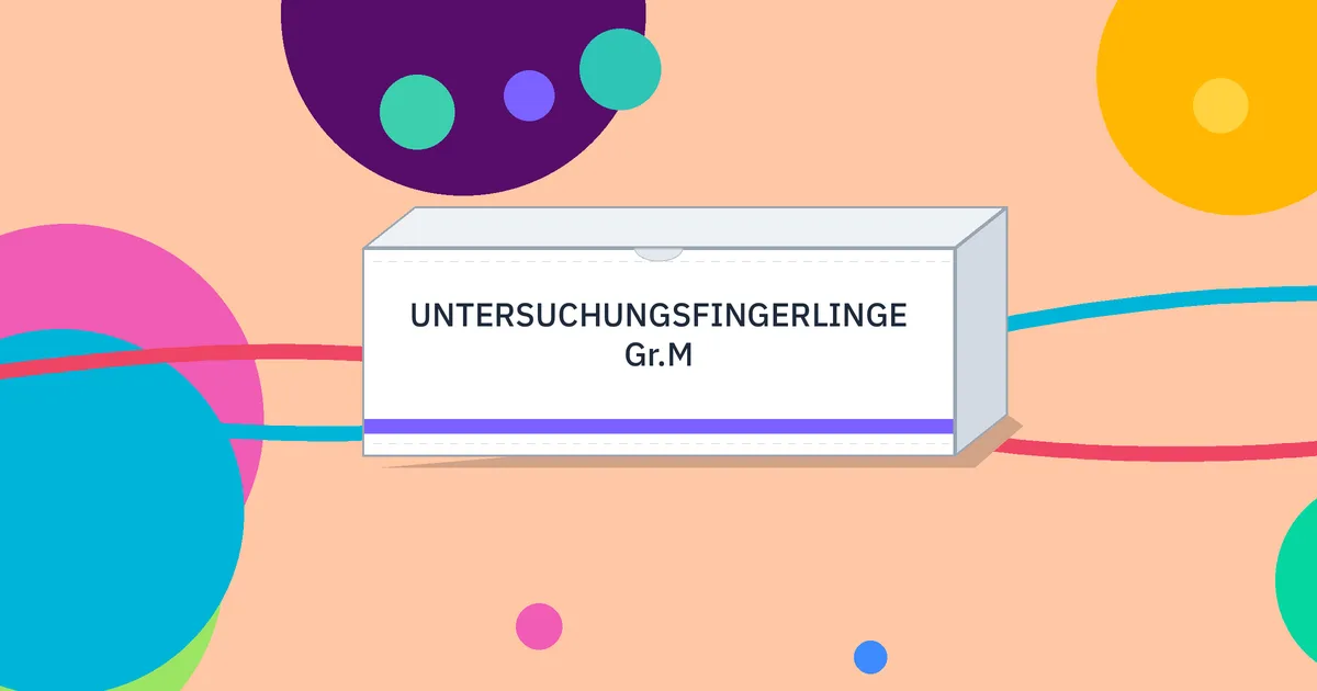 Symbolbild: Packung mit der Aufschrift UNTERSUCHUNGSFINGERLINGE Gr.M (PZN 18397742) – Verfügbarkeit und Bezug in Apotheken in Frankfurt am Main