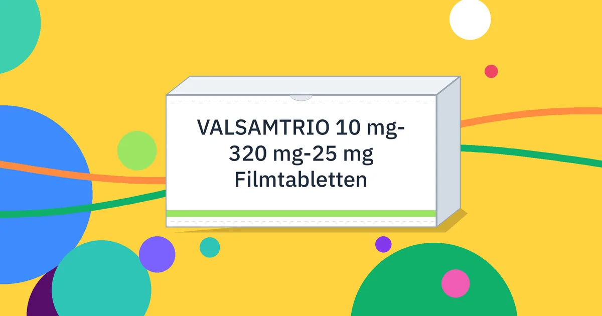 Symbolbild: Packung mit der Aufschrift VALSAMTRIO 10 mg-320 mg-25 mg Filmtabletten (PZN 15865378) – Verfügbarkeit und Bezug in Apotheken in Frankfurt am Main