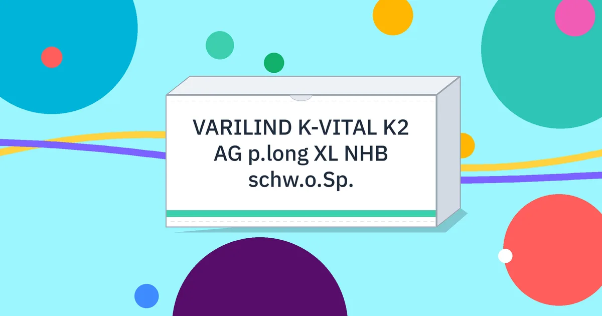 Symbolbild: Packung mit der Aufschrift VARILIND K-VITAL K2 AG p.long XL NHB schw.o.Sp. (PZN 20565388) – Verfügbarkeit und Bezug in Apotheken in Frankfurt am Main