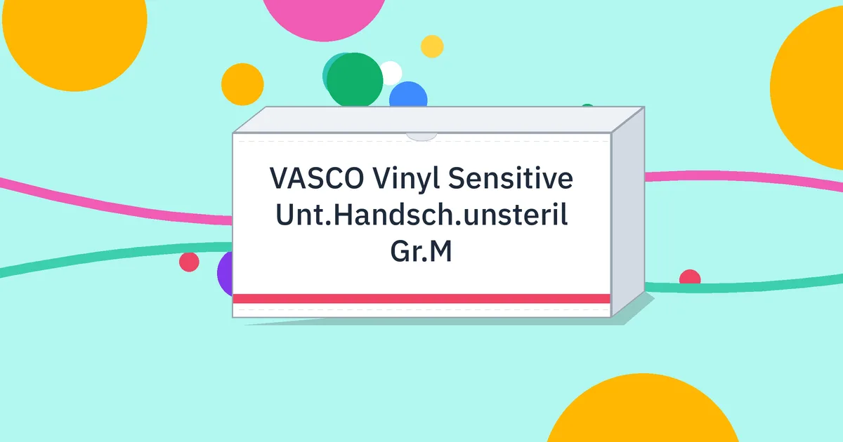 Symbolbild: Packung mit der Aufschrift VASCO Vinyl Sensitive Unt.Handsch.unsteril Gr.M (PZN 19767193) – Verfügbarkeit und Bezug in Apotheken in Frankfurt am Main