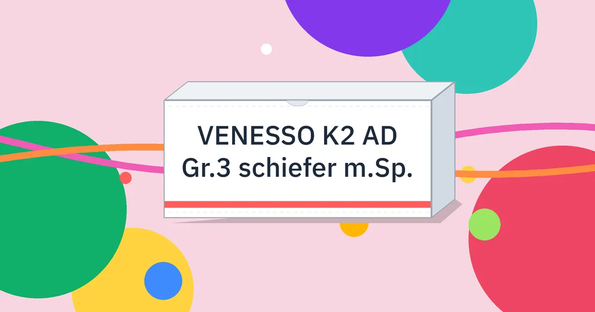 Symbolbild: Packung mit der Aufschrift VENESSO K2 AD Gr.3 schiefer m.Sp. (PZN 03258348) – Verfügbarkeit und Bezug in Apotheken in Frankfurt am Main