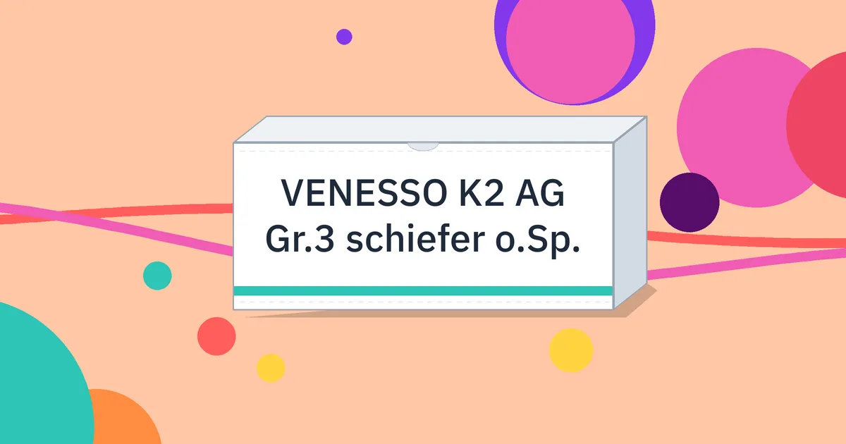 Symbolbild: Packung mit der Aufschrift VENESSO K2 AG Gr.3 schiefer o.Sp. (PZN 03280135) – Verfügbarkeit und Bezug in Apotheken in Frankfurt am Main