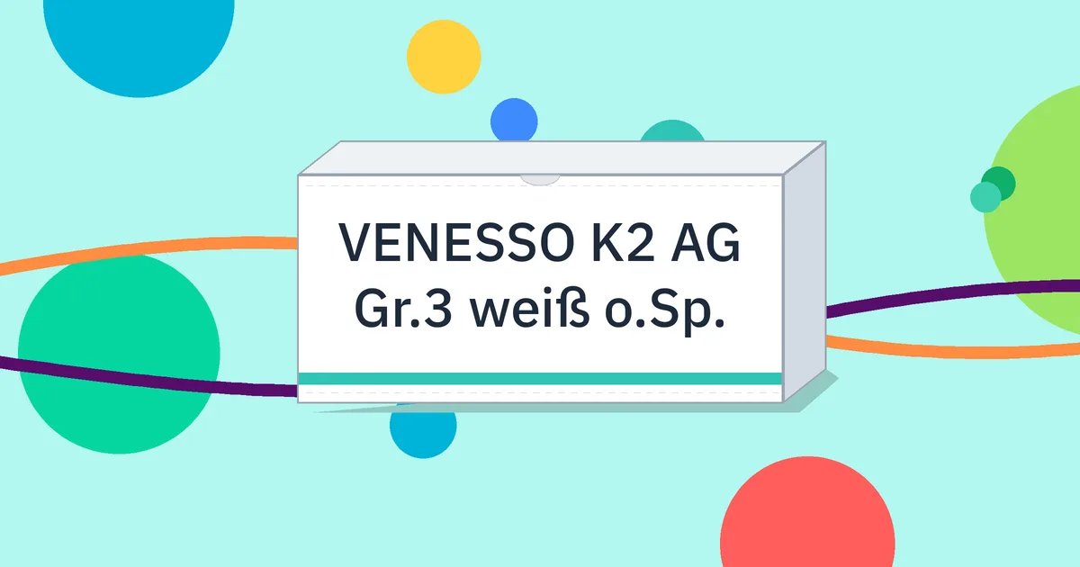 Symbolbild: Packung mit der Aufschrift VENESSO K2 AG Gr.3 weiß o.Sp. (PZN 03281560) – Verfügbarkeit und Bezug in Apotheken in Frankfurt am Main