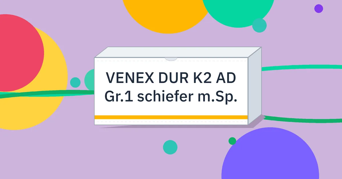 Symbolbild: Packung mit der Aufschrift VENEX DUR K2 AD Gr.1 schiefer m.Sp. (PZN 03209574) – Verfügbarkeit und Bezug in Apotheken in Frankfurt am Main