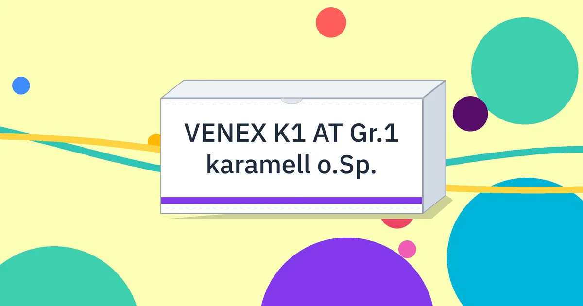 Symbolbild: Packung mit der Aufschrift VENEX K1 AT Gr.1 karamell o.Sp. (PZN 13759235) – Verfügbarkeit und Bezug in Apotheken in Frankfurt am Main