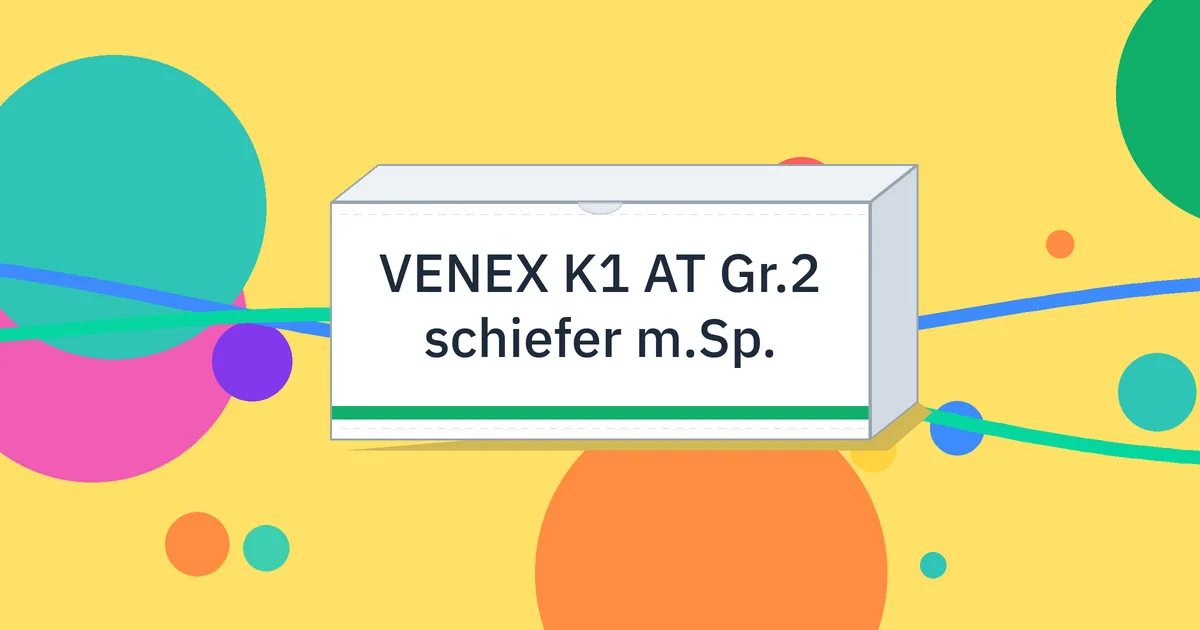Symbolbild: Packung mit der Aufschrift VENEX K1 AT Gr.2 schiefer m.Sp. (PZN 03196475) – Verfügbarkeit und Bezug in Apotheken in Frankfurt am Main