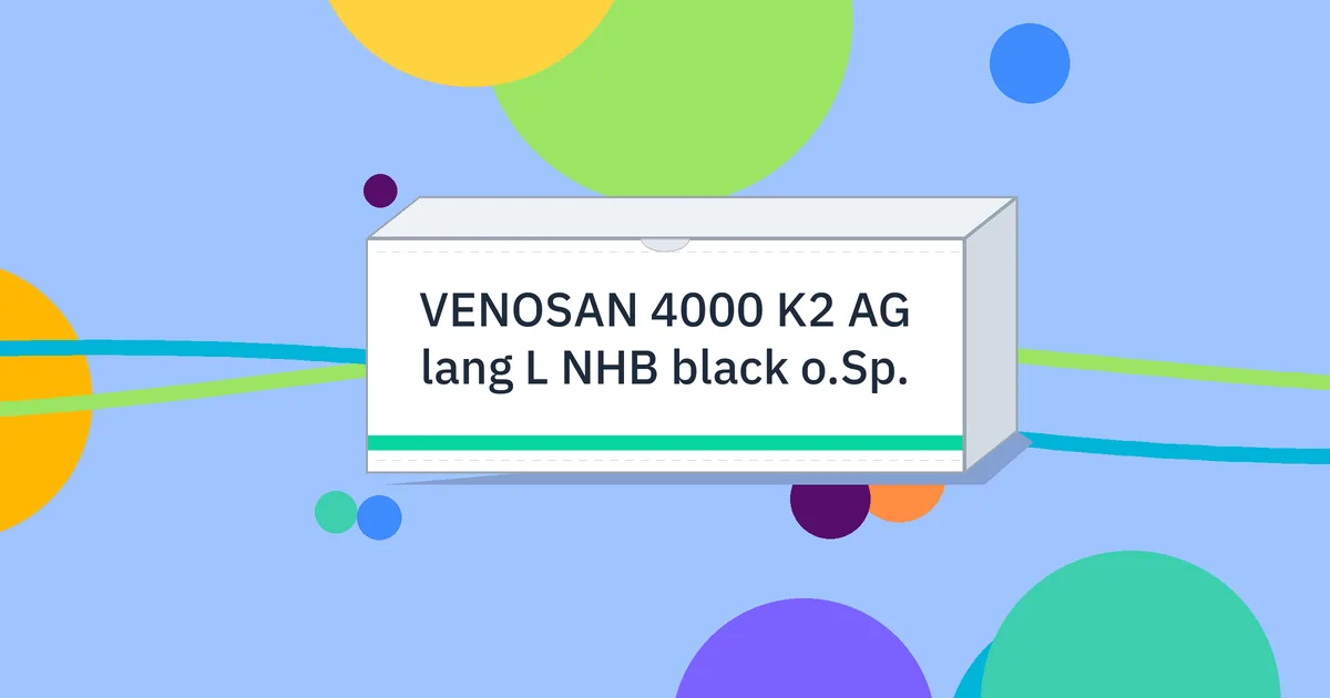 Symbolbild: Packung mit der Aufschrift VENOSAN 4000 K2 AG lang L NHB black o.Sp. (PZN 14427765) – Verfügbarkeit und Bezug in Apotheken in Frankfurt am Main