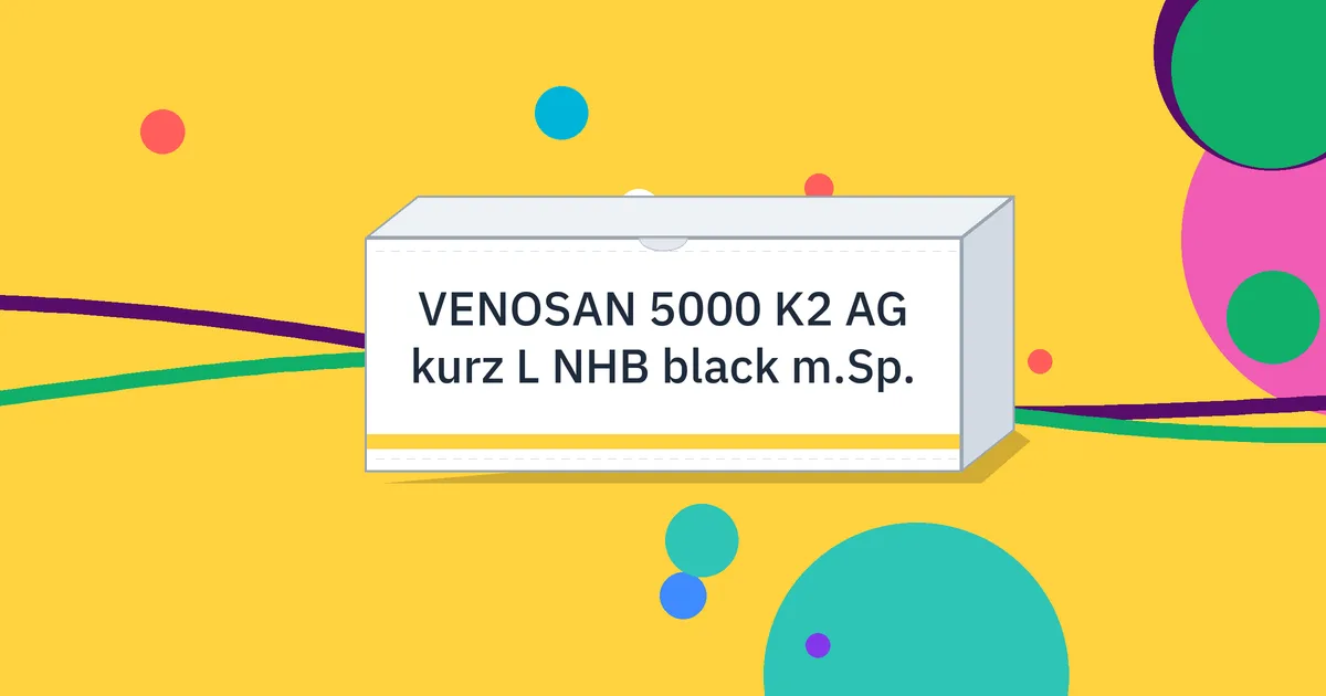 Symbolbild: Packung mit der Aufschrift VENOSAN 5000 K2 AG kurz L NHB black m.Sp. (PZN 14433820) – Verfügbarkeit und Bezug in Apotheken in Frankfurt am Main