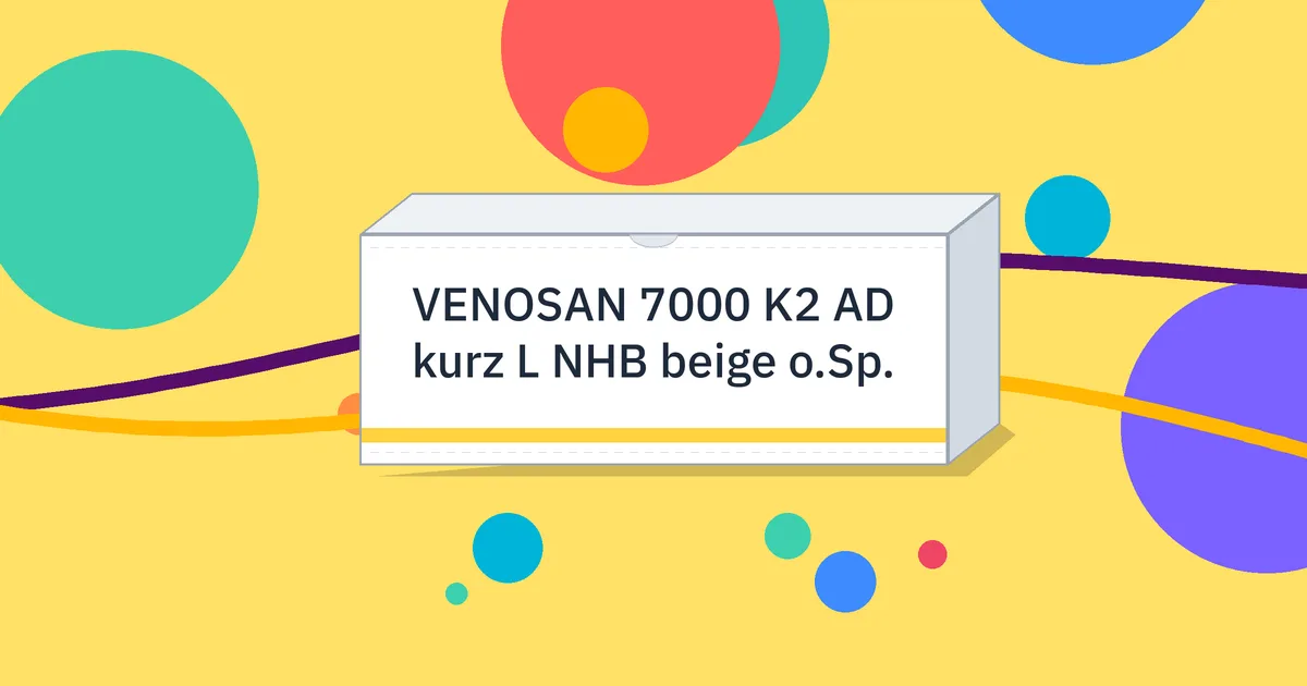 Symbolbild: Packung mit der Aufschrift VENOSAN 7000 K2 AD kurz L NHB beige o.Sp. (PZN 14434469) – Verfügbarkeit und Bezug in Apotheken in Frankfurt am Main