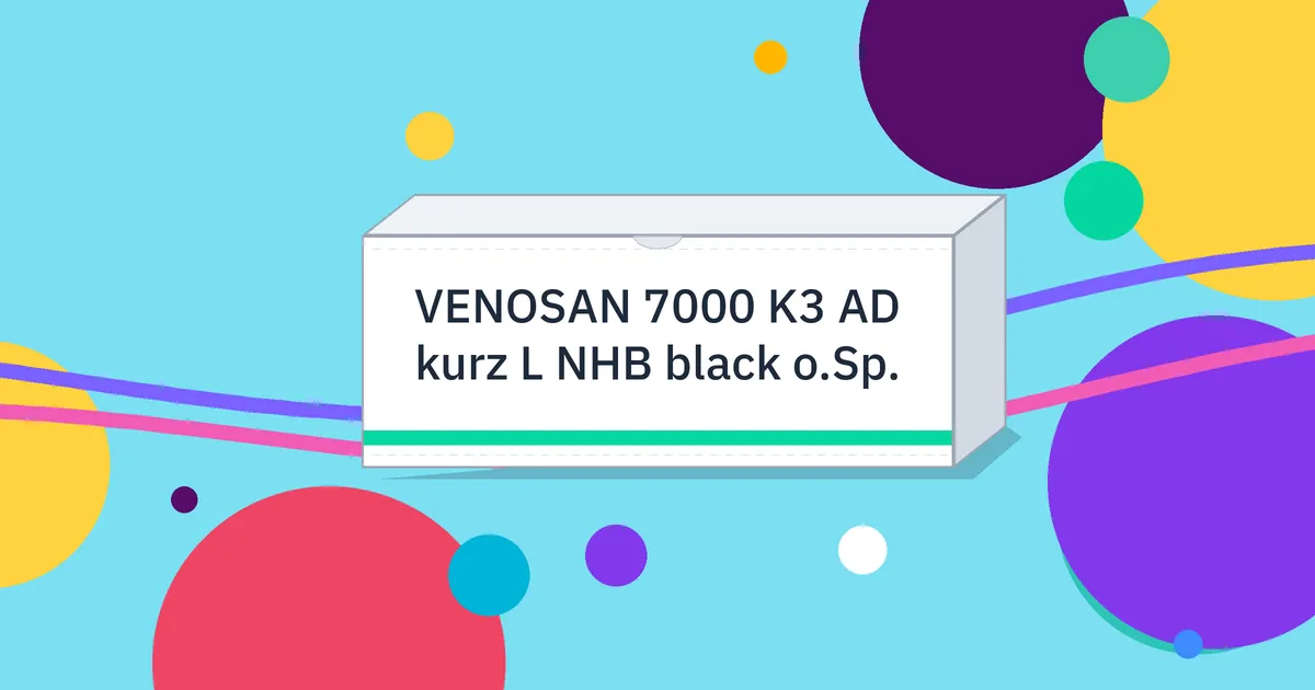 Symbolbild: Packung mit der Aufschrift VENOSAN 7000 K3 AD kurz L NHB black o.Sp. (PZN 14436391) – Verfügbarkeit und Bezug in Apotheken in Frankfurt am Main