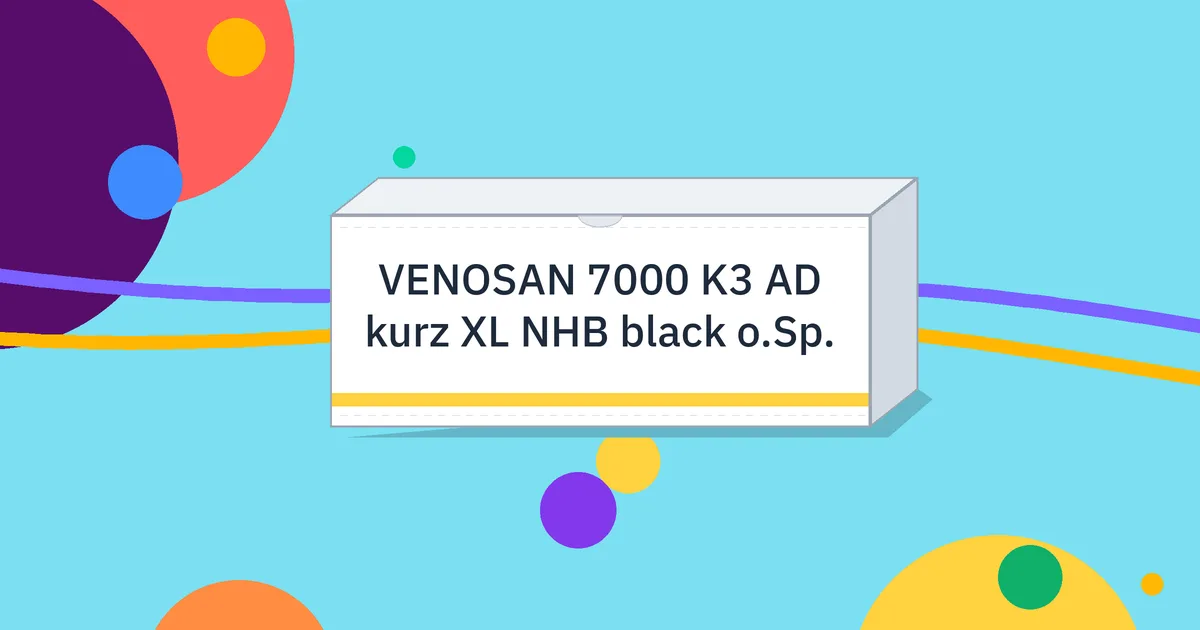 Symbolbild: Packung mit der Aufschrift VENOSAN 7000 K3 AD kurz XL NHB black o.Sp. (PZN 14436416) – Verfügbarkeit und Bezug in Apotheken in Frankfurt am Main