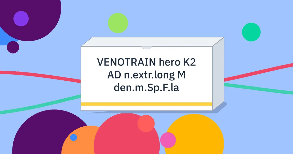 Symbolbild: Packung mit der Aufschrift VENOTRAIN hero K2 AD n.extr.long M den.m.Sp.F.la (PZN 19191149) – Verfügbarkeit und Bezug in Apotheken in Frankfurt am Main