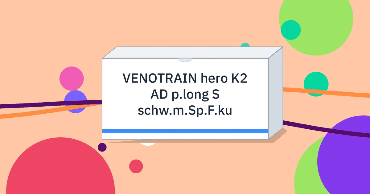 Symbolbild: Packung mit der Aufschrift VENOTRAIN hero K2 AD p.long S schw.m.Sp.F.ku (PZN 19189738) – Verfügbarkeit und Bezug in Apotheken in Frankfurt am Main