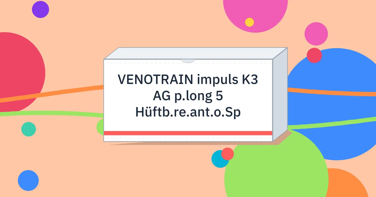 Symbolbild: Packung mit der Aufschrift VENOTRAIN impuls K3 AG p.long 5 Hüftb.re.ant.o.Sp (PZN 15218696) – Verfügbarkeit und Bezug in Apotheken in Frankfurt am Main