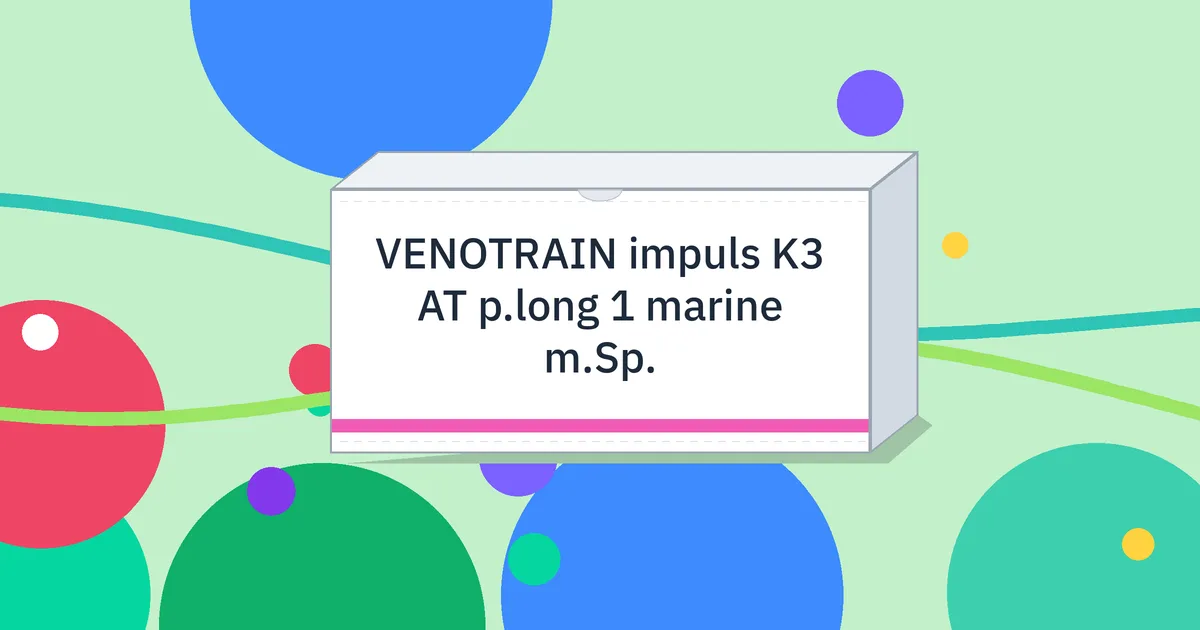 Symbolbild: Packung mit der Aufschrift VENOTRAIN impuls K3 AT p.long 1 marine m.Sp. (PZN 19355728) – Verfügbarkeit und Bezug in Apotheken in Frankfurt am Main