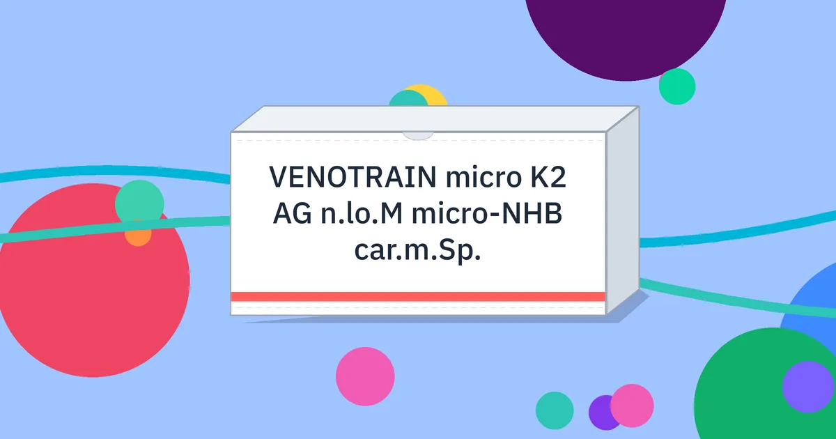 Symbolbild: Packung mit der Aufschrift VENOTRAIN micro K2 AG n.lo.M micro-NHB car.m.Sp. (PZN 16065332) – Verfügbarkeit und Bezug in Apotheken in Frankfurt am Main