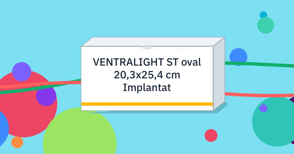 Symbolbild: Packung mit der Aufschrift VENTRALIGHT ST oval 20,3x25,4 cm Implantat (PZN 09067543) – Verfügbarkeit und Bezug in Apotheken in Frankfurt am Main