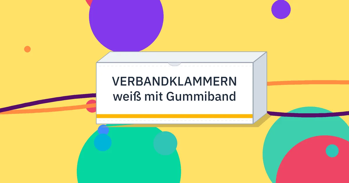 Symbolbild: Packung mit der Aufschrift VERBANDKLAMMERN weiß mit Gummiband (PZN 03140693) – Verfügbarkeit und Bezug in Apotheken in Frankfurt am Main