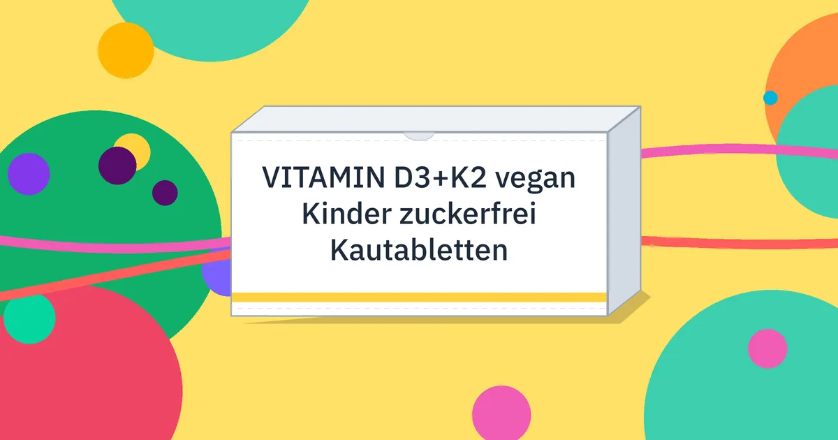 Symbolbild: Packung mit der Aufschrift VITAMIN D3+K2 vegan Kinder zuckerfrei Kautabletten (PZN 13968134) – Verfügbarkeit und Bezug in Apotheken in Frankfurt am Main
