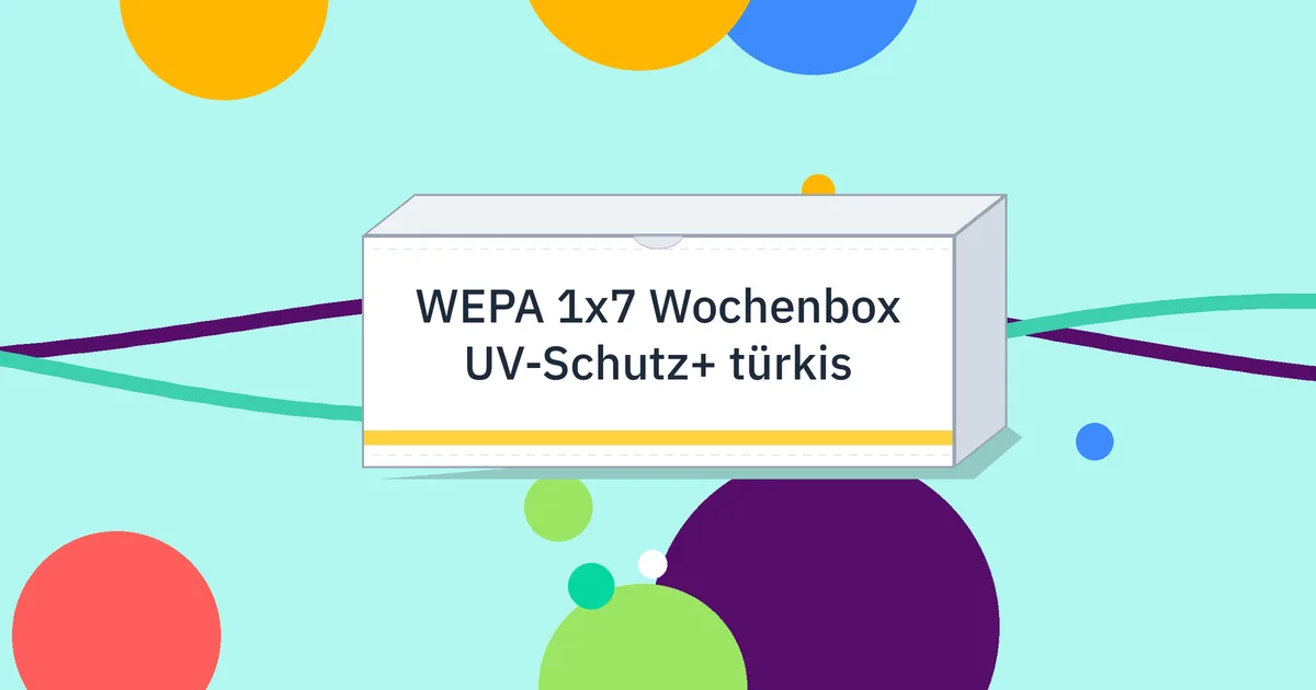 Symbolbild: Packung mit der Aufschrift WEPA 1x7 Wochenbox UV-Schutz+ türkis (PZN 18877896) – Verfügbarkeit und Bezug in Apotheken in Frankfurt am Main