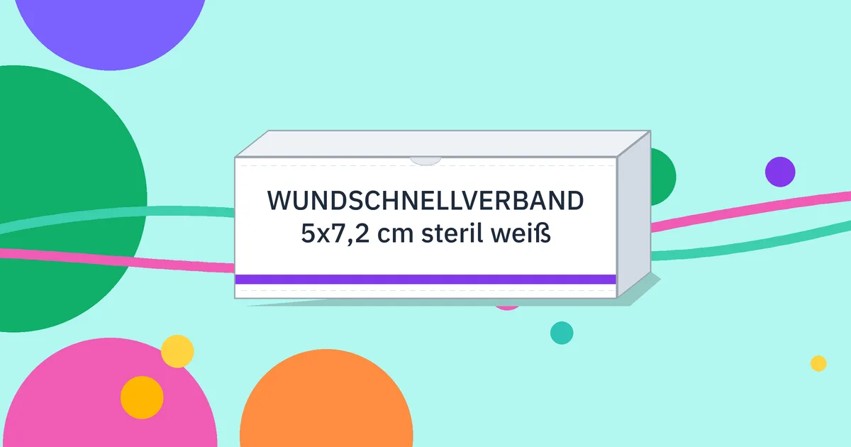 Symbolbild: Packung mit der Aufschrift WUNDSCHNELLVERBAND 5x7,2 cm steril weiß (PZN 20001929) – Verfügbarkeit und Bezug in Apotheken in Frankfurt am Main
