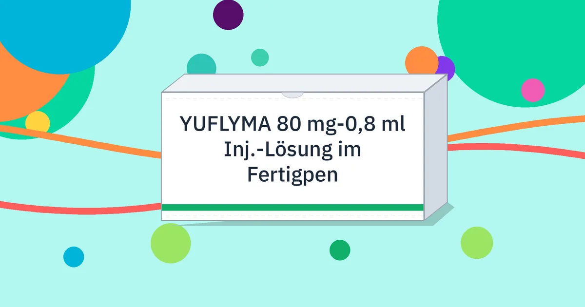 Symbolbild: Packung mit der Aufschrift YUFLYMA 80 mg-0,8 ml Inj.-Lösung im Fertigpen (PZN 16847690) – Verfügbarkeit und Bezug in Apotheken in Frankfurt am Main