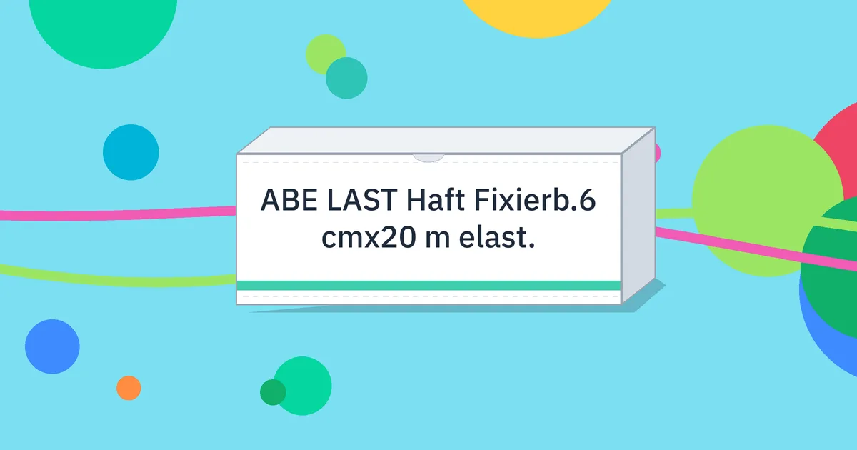 Symbolbild: Packung mit der Aufschrift ABE LAST Haft Fixierb.6 cmx20 m elast. (PZN 04853308) – Verfügbarkeit und Bezug in Apotheken in Frankfurt am Main