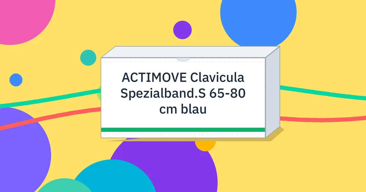 Symbolbild: Packung mit der Aufschrift ACTIMOVE Clavicula Spezialband.S 65-80 cm blau (PZN 18222882) – Verfügbarkeit und Bezug in Apotheken in Frankfurt am Main