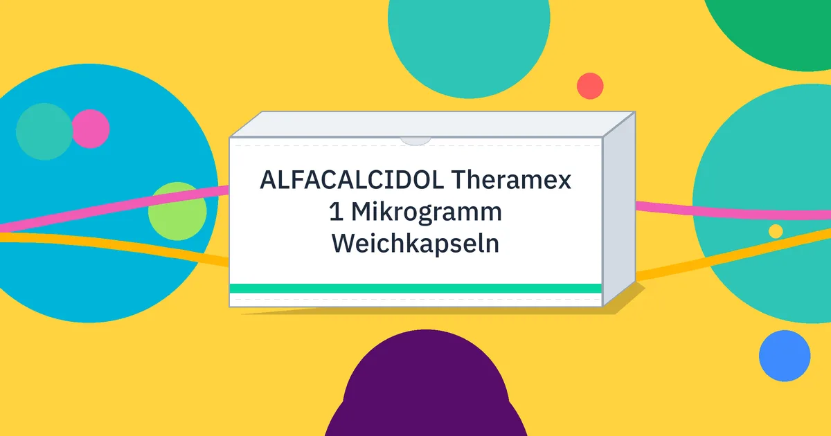 Symbolbild: Packung mit der Aufschrift ALFACALCIDOL Theramex 1 Mikrogramm Weichkapseln (PZN 17841896) – Verfügbarkeit und Bezug in Apotheken in Frankfurt am Main