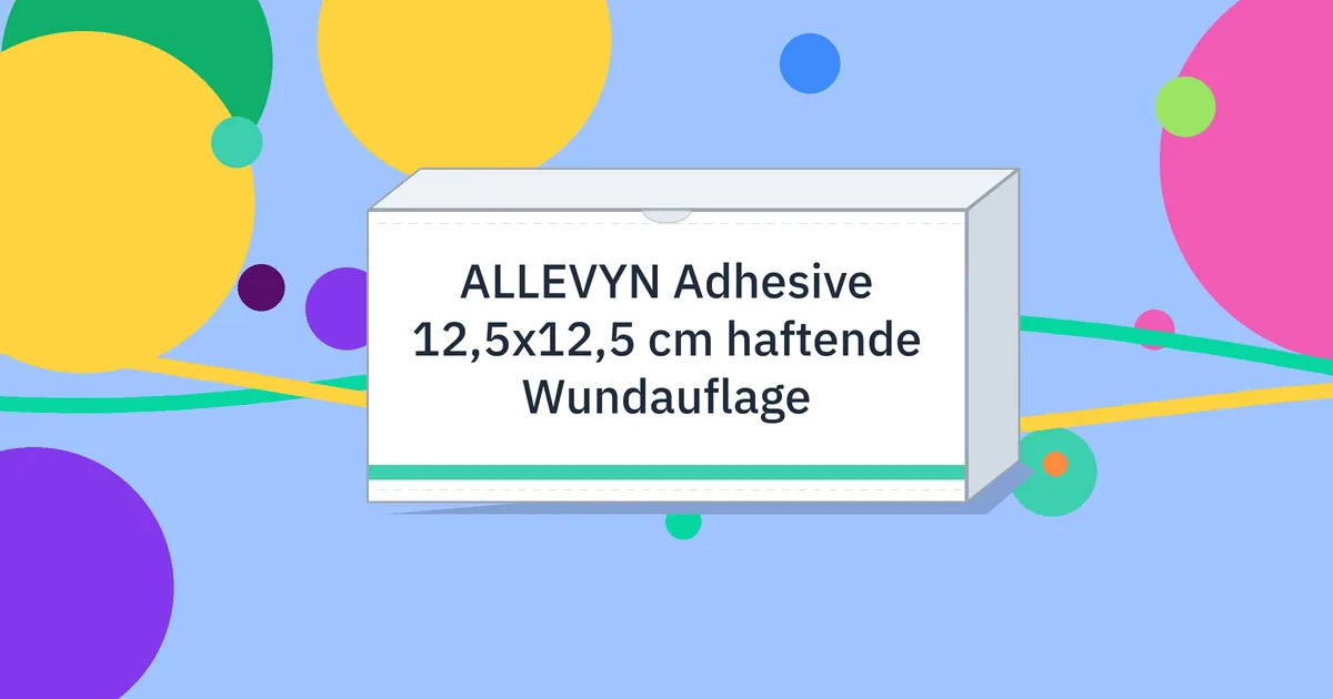 Symbolbild: Packung mit der Aufschrift ALLEVYN Adhesive 12,5x12,5 cm haftende Wundauflage (PZN 13719365) – Verfügbarkeit und Bezug in Apotheken in Frankfurt am Main