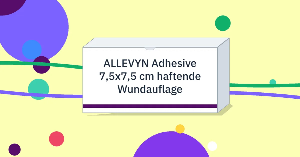 Symbolbild: Packung mit der Aufschrift ALLEVYN Adhesive 7,5x7,5 cm haftende Wundauflage (PZN 12143532) – Verfügbarkeit und Bezug in Apotheken in Frankfurt am Main