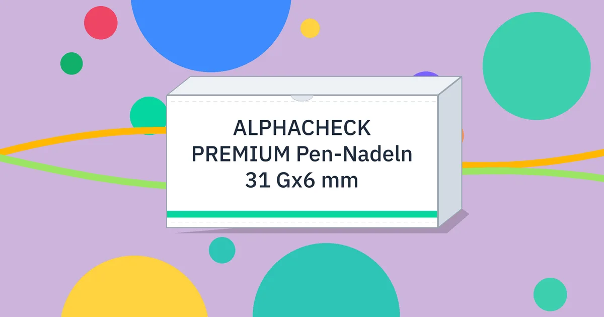Symbolbild: Packung mit der Aufschrift ALPHACHECK PREMIUM Pen-Nadeln 31 Gx6 mm (PZN 16875290) – Verfügbarkeit und Bezug in Apotheken in Frankfurt am Main