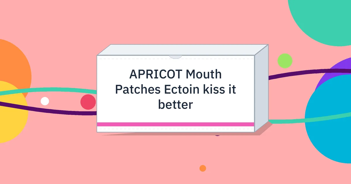 Symbolbild: Packung mit der Aufschrift APRICOT Mouth Patches Ectoin kiss it better (PZN 19895910) – Verfügbarkeit und Bezug in Apotheken in Frankfurt am Main