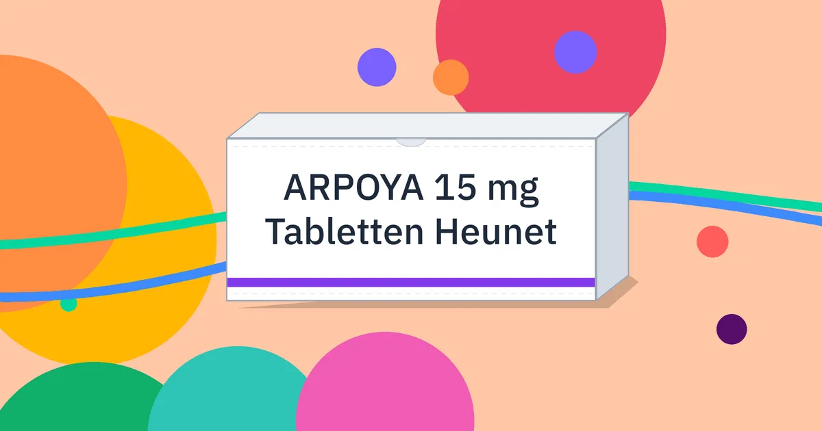 Symbolbild: Packung mit der Aufschrift ARPOYA 15 mg Tabletten Heunet (PZN 13876952) – Verfügbarkeit und Bezug in Apotheken in Frankfurt am Main