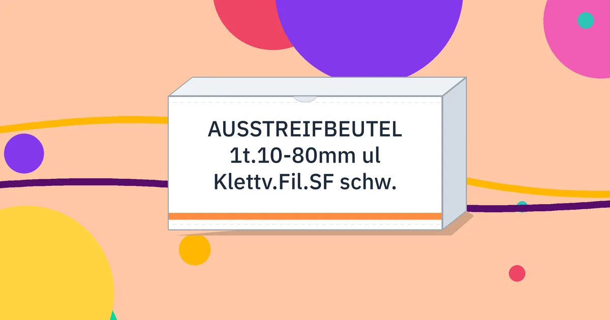 Symbolbild: Packung mit der Aufschrift AUSSTREIFBEUTEL 1t.10-80mm ul Klettv.Fil.SF schw. (PZN 18423994) – Verfügbarkeit und Bezug in Apotheken in Frankfurt am Main