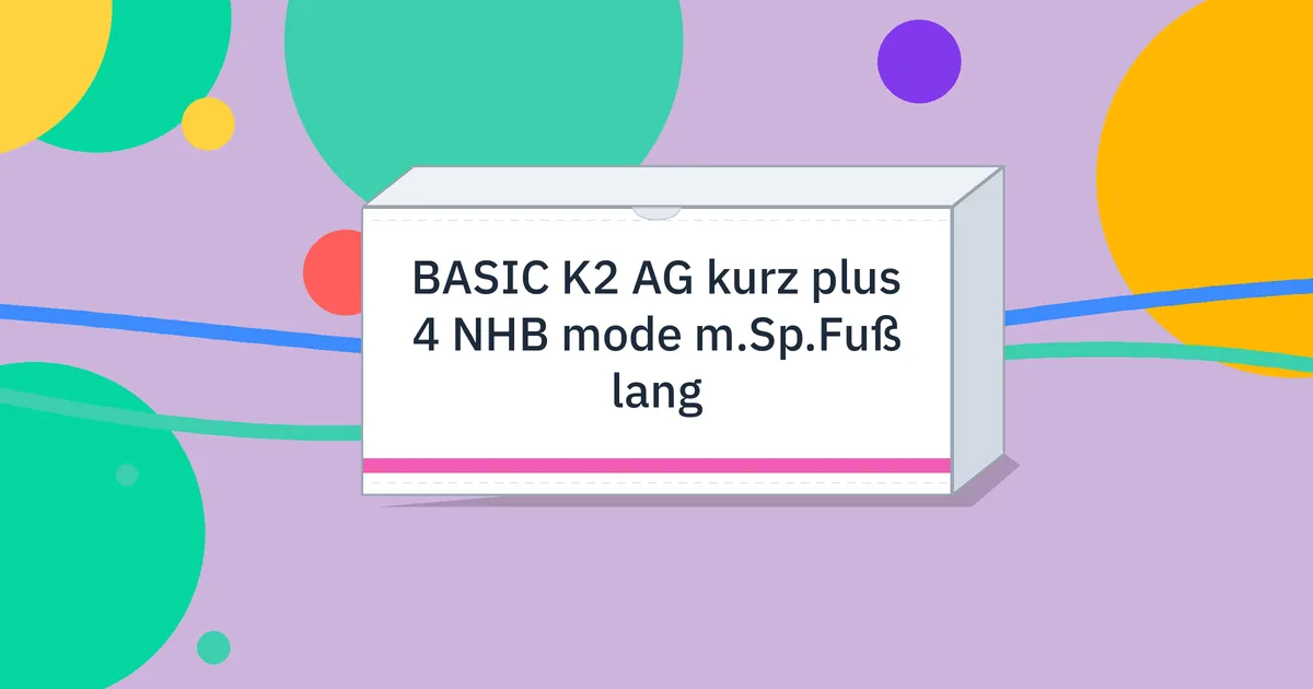 Symbolbild: Packung mit der Aufschrift BASIC K2 AG kurz plus 4 NHB mode m.Sp.Fuß lang (PZN 20267805) – Verfügbarkeit und Bezug in Apotheken in Frankfurt am Main