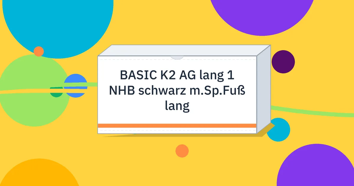 Symbolbild: Packung mit der Aufschrift BASIC K2 AG lang 1 NHB schwarz m.Sp.Fuß lang (PZN 20266065) – Verfügbarkeit und Bezug in Apotheken in Frankfurt am Main