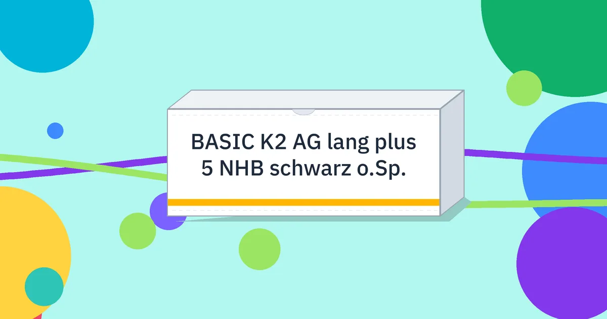Symbolbild: Packung mit der Aufschrift BASIC K2 AG lang plus 5 NHB schwarz o.Sp. (PZN 20267892) – Verfügbarkeit und Bezug in Apotheken in Frankfurt am Main