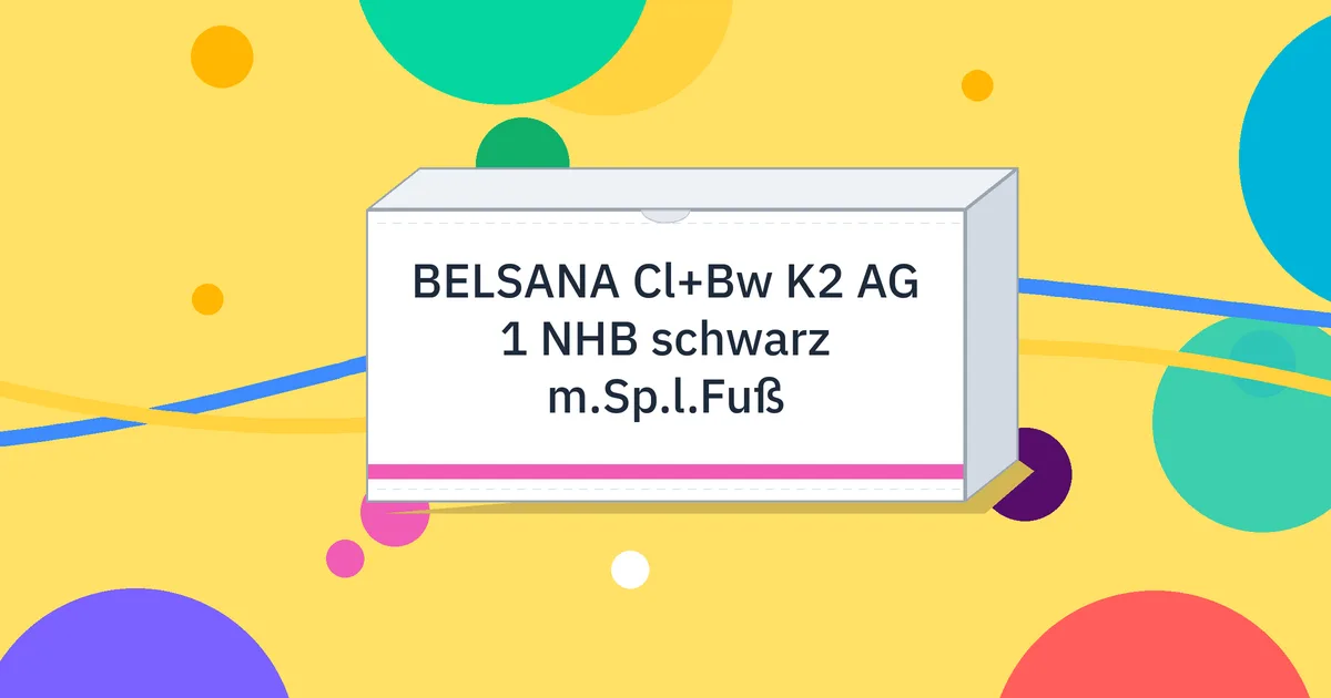 Symbolbild: Packung mit der Aufschrift BELSANA Cl+Bw K2 AG 1 NHB schwarz m.Sp.l.Fuß (PZN 12242300) – Verfügbarkeit und Bezug in Apotheken in Frankfurt am Main