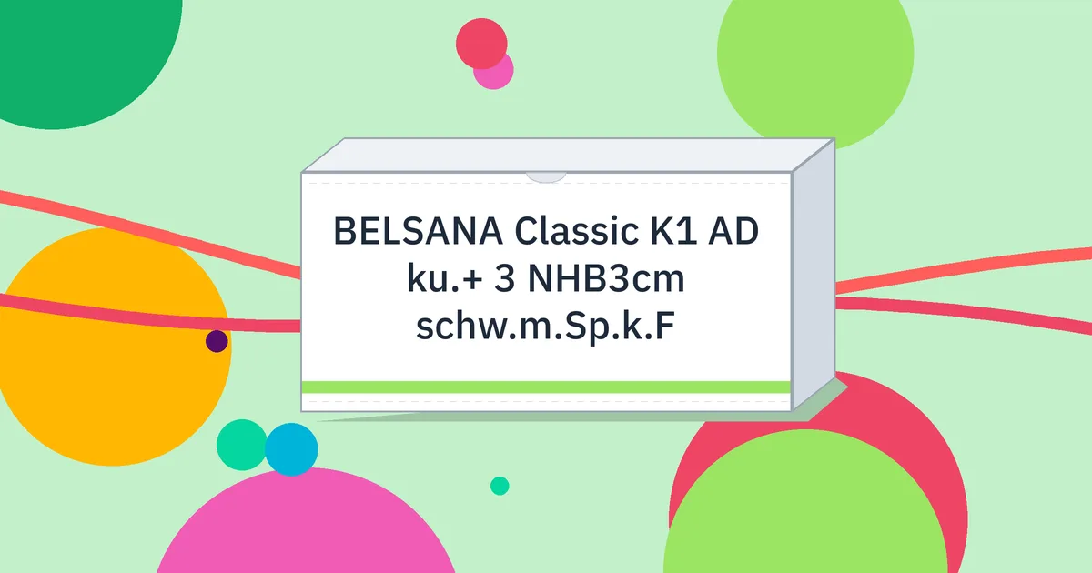 Symbolbild: Packung mit der Aufschrift BELSANA Classic K1 AD ku.+ 3 NHB3cm schw.m.Sp.k.F (PZN 19255369) – Verfügbarkeit und Bezug in Apotheken in Frankfurt am Main