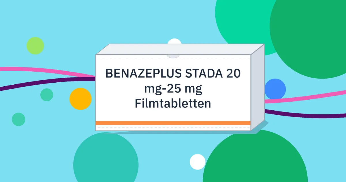 Symbolbild: Packung mit der Aufschrift BENAZEPLUS STADA 20 mg-25 mg Filmtabletten (PZN 03845488) – Verfügbarkeit und Bezug in Apotheken in Frankfurt am Main
