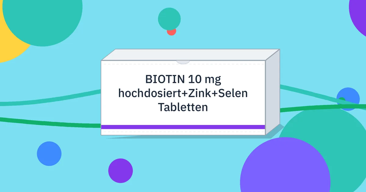 Symbolbild: Packung mit der Aufschrift BIOTIN 10 mg hochdosiert+Zink+Selen Tabletten (PZN 18735334) – Verfügbarkeit und Bezug in Apotheken in Frankfurt am Main