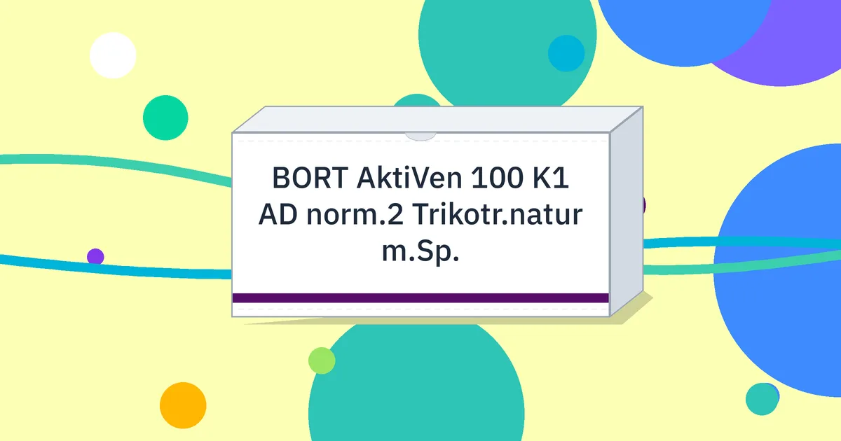 Symbolbild: Packung mit der Aufschrift BORT AktiVen 100 K1 AD norm.2 Trikotr.natur m.Sp. (PZN 13726112) – Verfügbarkeit und Bezug in Apotheken in Frankfurt am Main