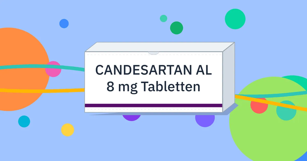 Symbolbild: Packung mit der Aufschrift CANDESARTAN AL 8 mg Tabletten (PZN 09297728) – Verfügbarkeit und Bezug in Apotheken in Frankfurt am Main